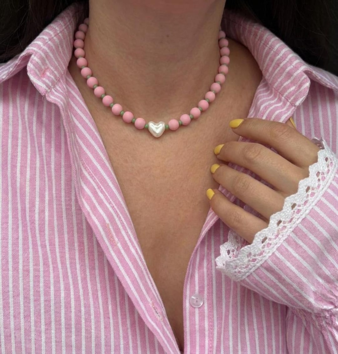 Candy Pink Bead Choker: Ceramic Heart, Kawaii Y2K Jewelry - Etsy UK