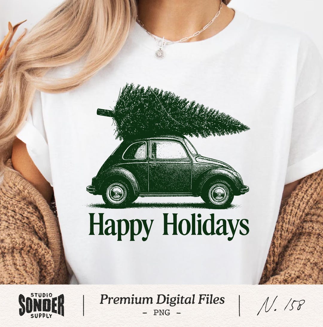 Vintage Christmas Car PNG, Retro Happy Holidays Tree Design, Classic ...