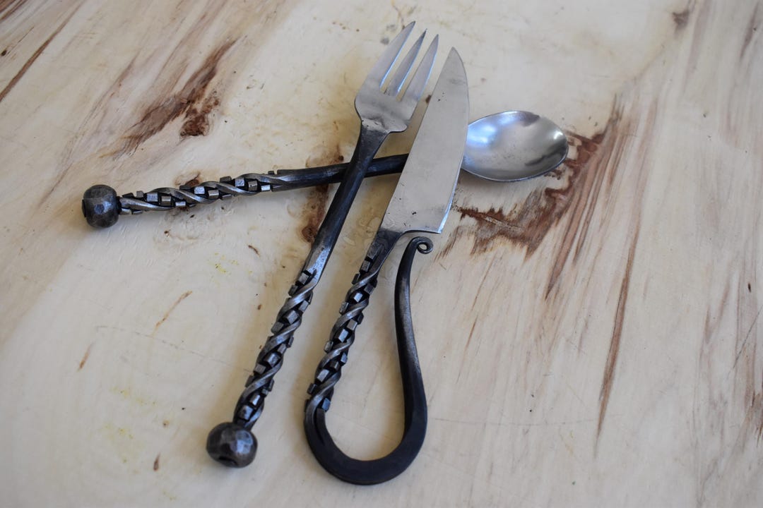 Hand Forged Medieval Cutlery Set: Twisted Iron Knife, Fork & Spoon - Etsy