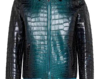Luxury Men's Genuine Crocodile Leather Jacket – Teal Blue & Black Zipper Coat – Exotic Designer ...