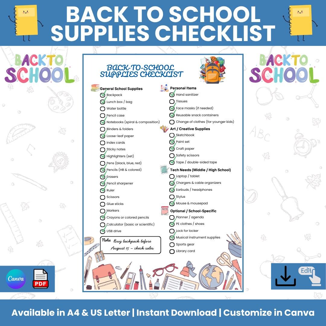 Back to School Supplies Checklist Editable | School Supplies List for ...