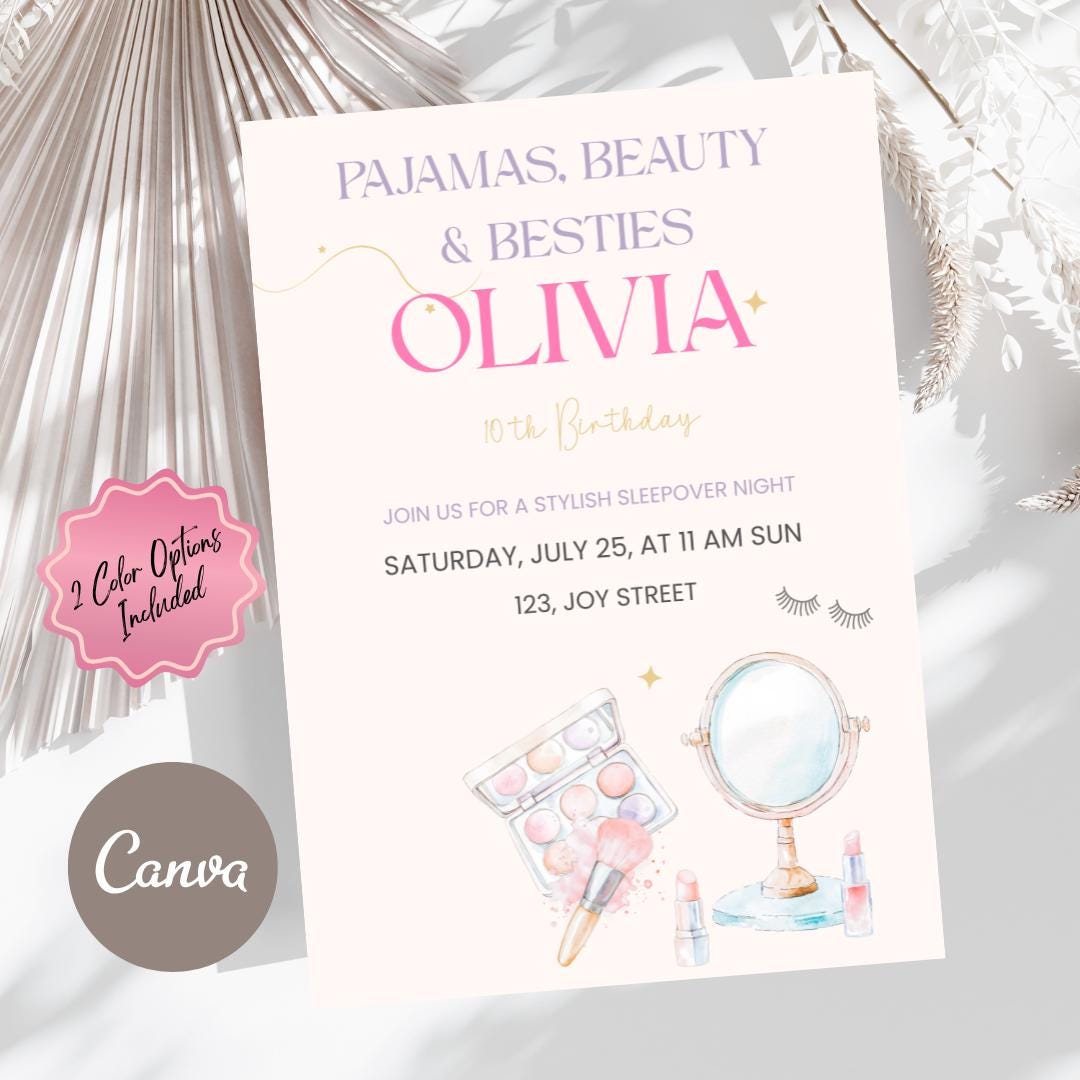 Sleepover & Makeup Party Invitation, Pajamas Beauty Birthday Invite ...