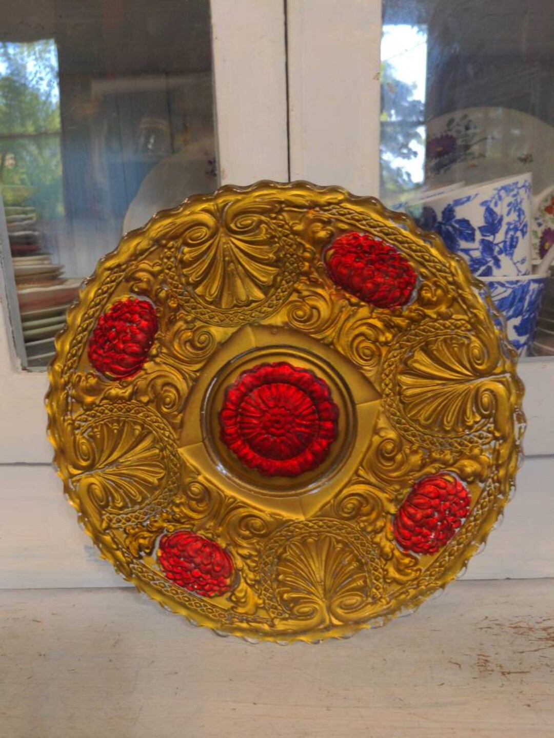 Large Chrysanthemum Goofus Glass Plate - Etsy