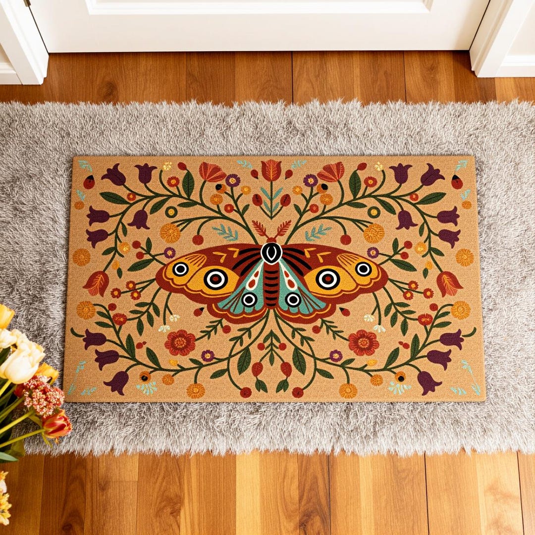 Moth Floral Doormat,folk Art Welcome Mat,whimsigoth Front Door Decor ...