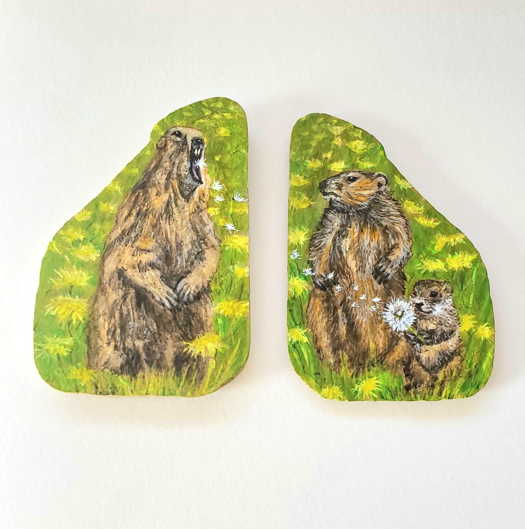Groundhogs Painted on Split Rock - Groundhogs Day Art Gift - Prairie ...