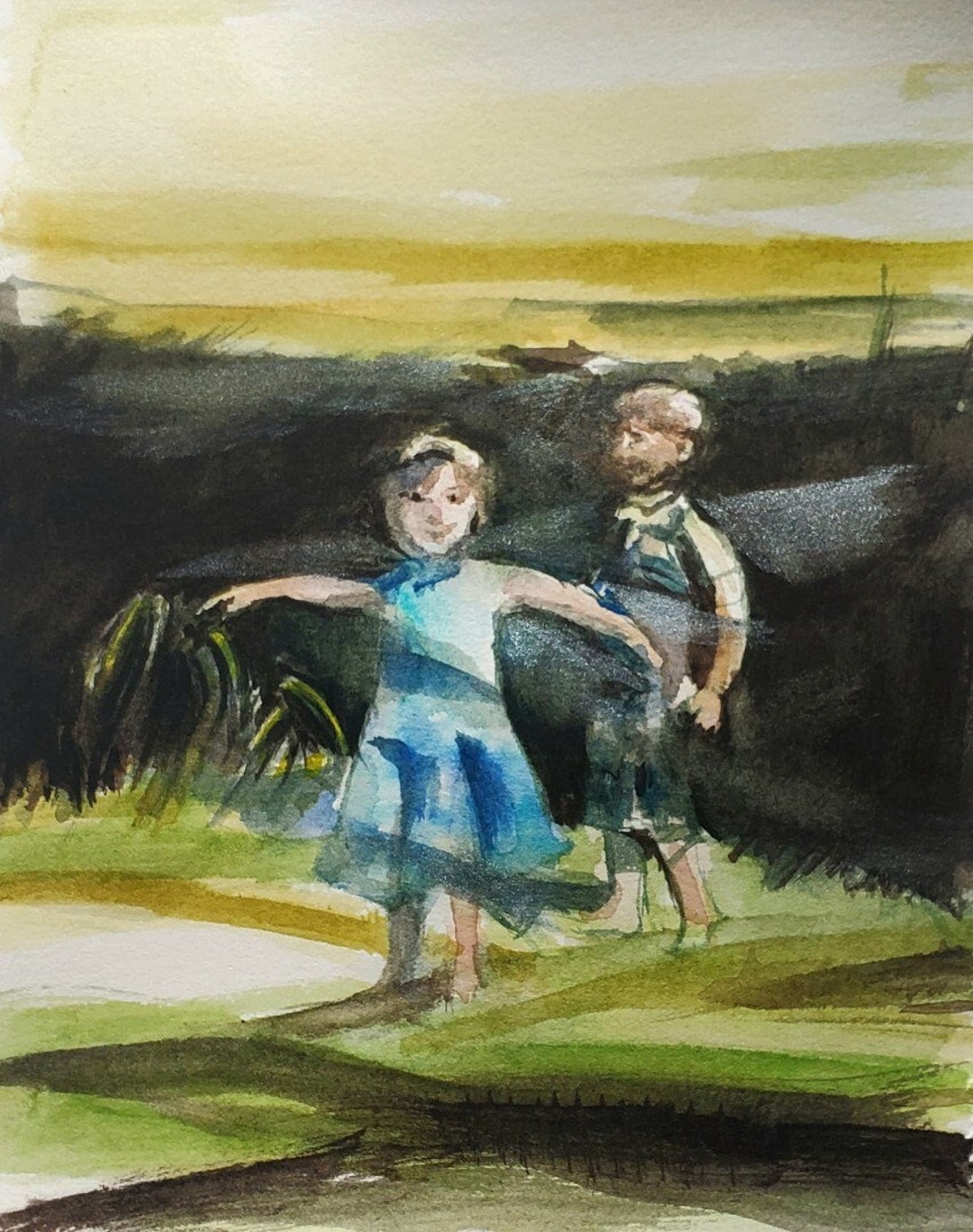 Watercolor Painting of Children Playing - Kids Outside Watercolor ...