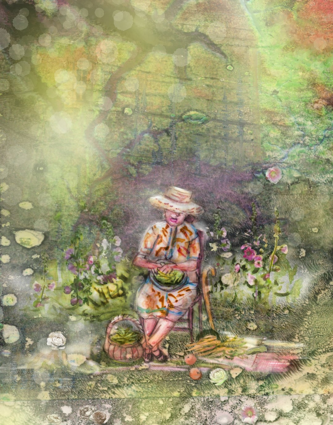 Lady in Garden Art, Nostalgic Dreamy Mixed Media Digital Collage Fine ...