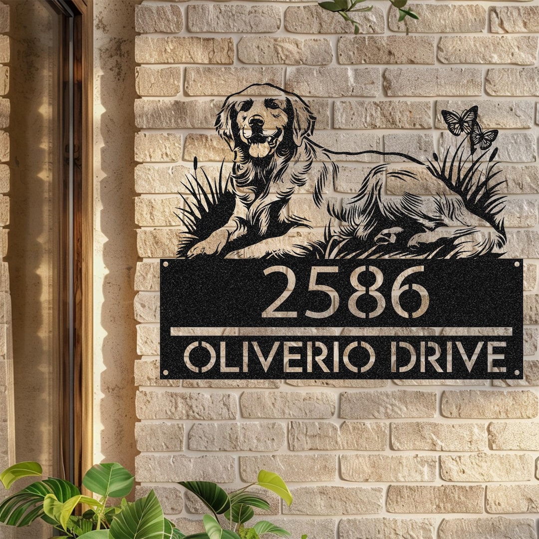 Personalized Golden Retriever Dog Address Sign, Custom Dog Lying on ...