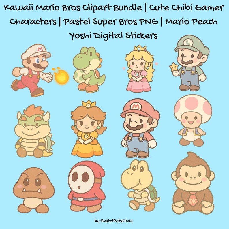 Kawaii Mario Bros Clipart Bundle | Cute Chibi Gamer Characters | Super ...
