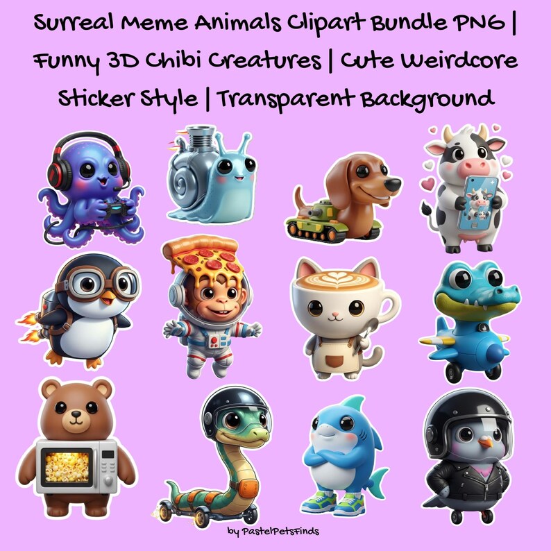 Surreal Meme Animals Clipart Bundle PNG | Funny 3D Chibi Creatures ...