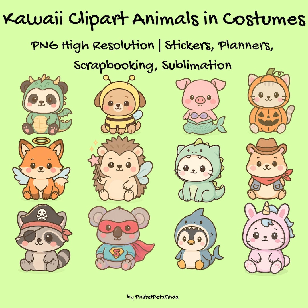 Kawaii Animals Clipart Bundle | Cute Pets in Costumes PNG | High ...