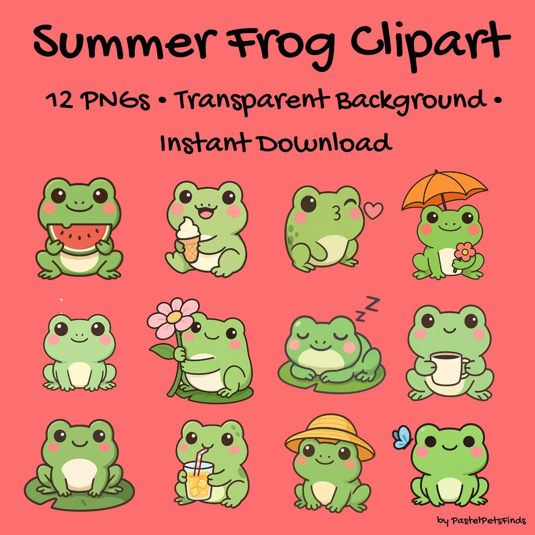 Kawaii Frog Clipart – 12 Pngs – Cute Summer Frogs – Transparent ...