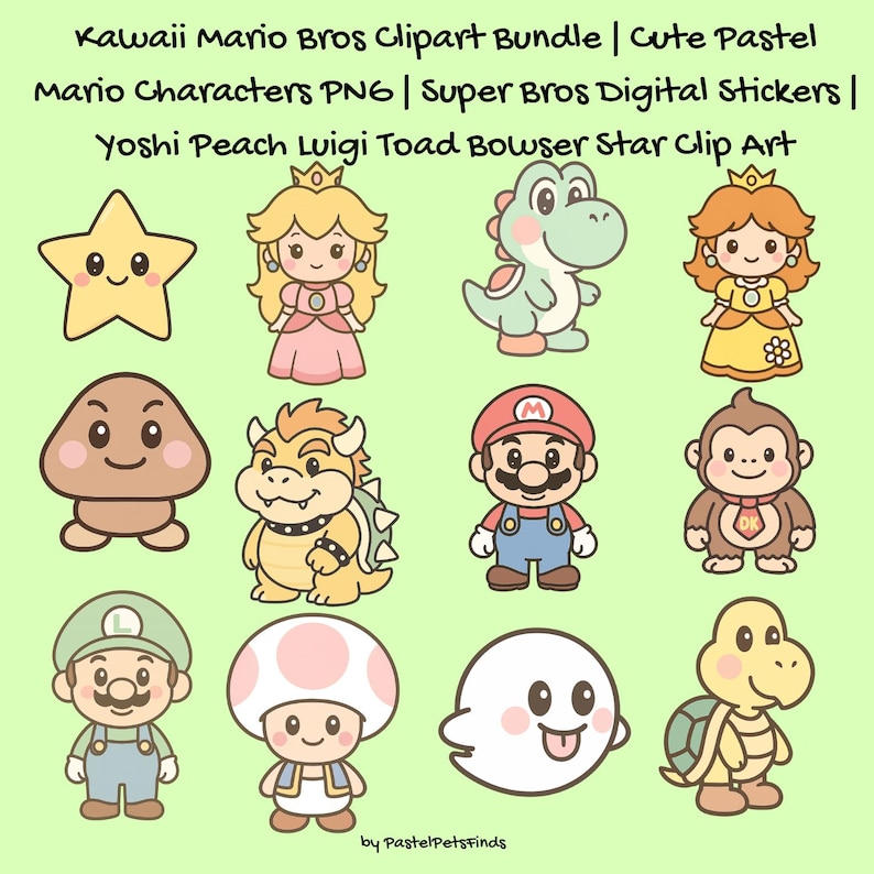 Kawaii Mario Bros Clipart Bundle | Cake Mario Characters PNG | Super ...