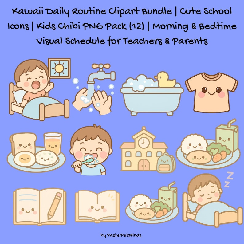 Kawaii Daily Routine Clipart Bundle |cute School Icons | Kids Chibi PNG ...