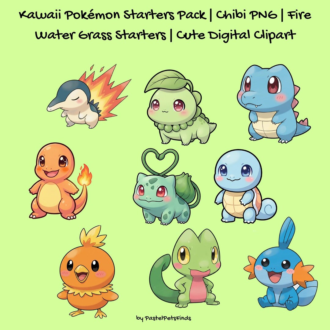 Kawaii Pokémon Starters Pack | Chibi PNG | Fire Water Grass Starters ...
