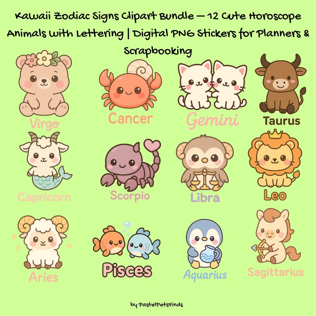 Kawaii Zodiac Signs Clipart Bundle – 12 Cute Horoscope Animals With ...