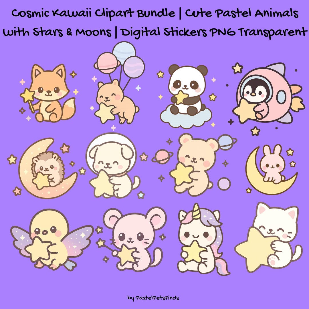 Cosmic Kawaii Clipart Bundle | Cute Pastel Animals With Stars & Moons ...