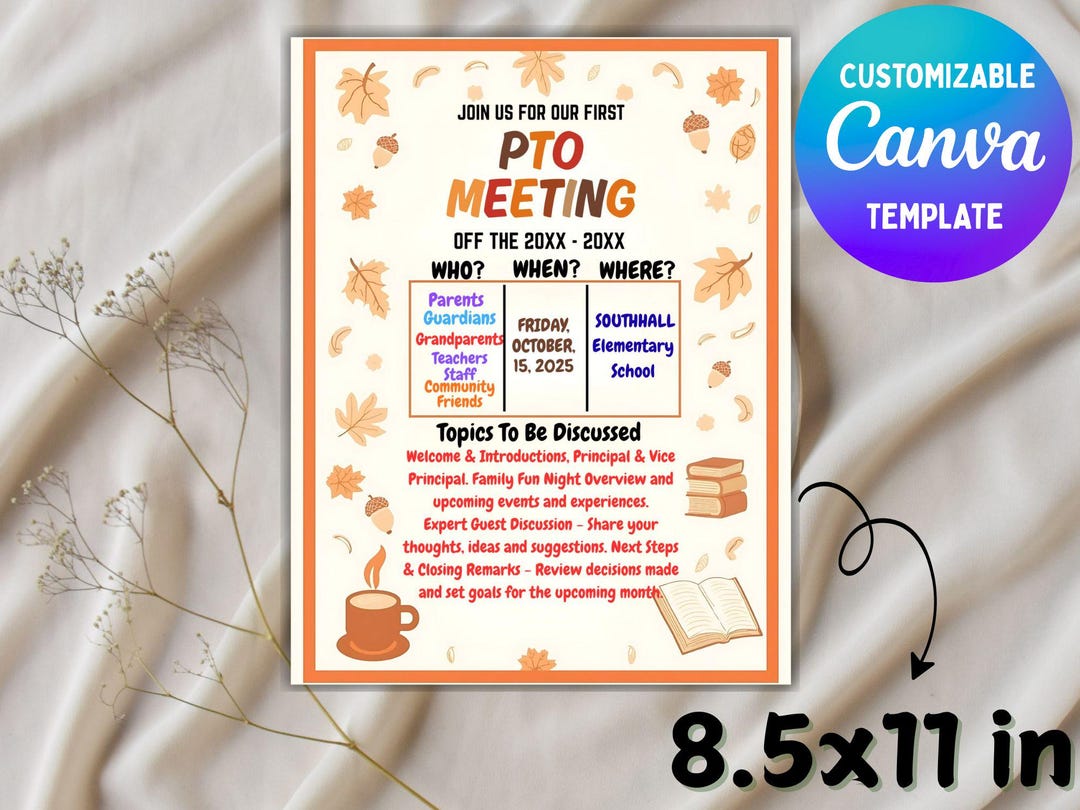 Fall PTA Meeting Flyer Template, Editable Canva Printable - Etsy