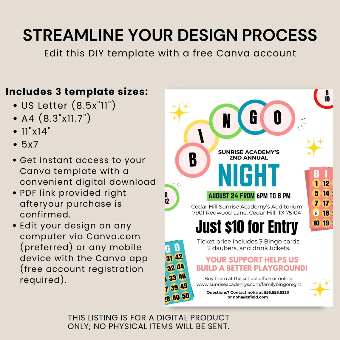 Bingo Night Flyer Template: Editable School PTA Fundraiser Invite ...