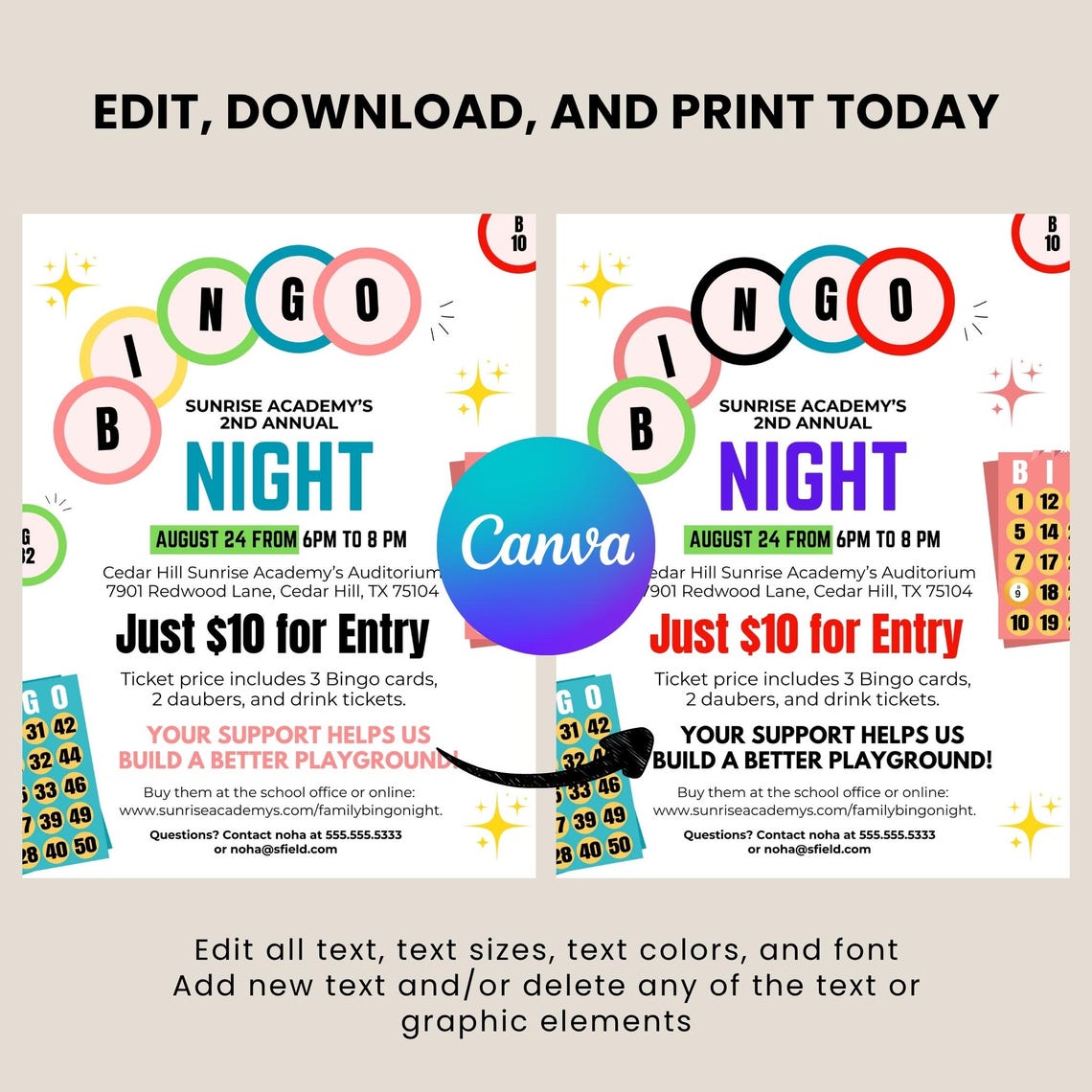 Bingo Night Flyer Template: Editable School PTA Fundraiser Invite ...