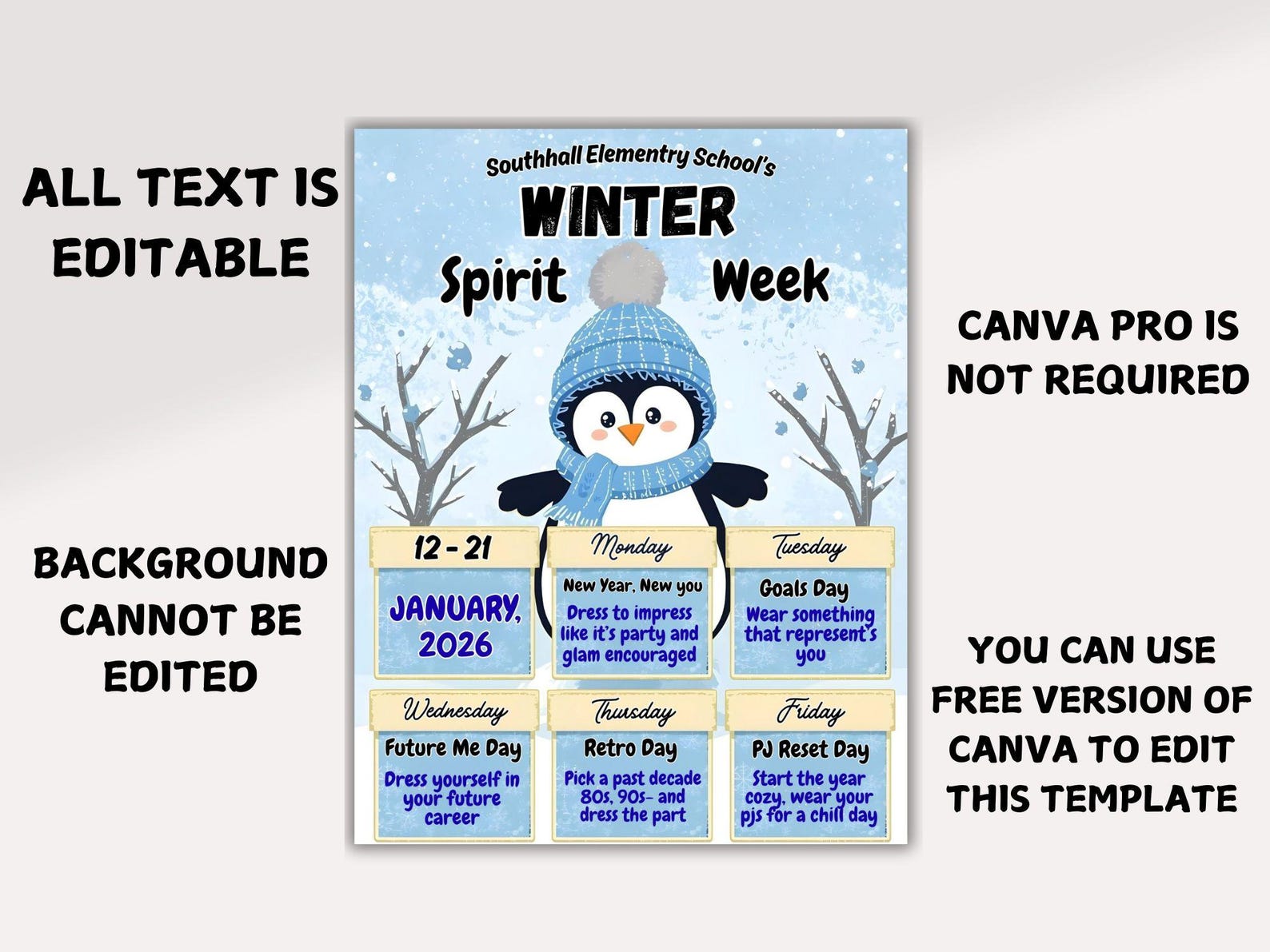 Editable Winter Spirit Week Flyer Template, School Spirit Schedule ...