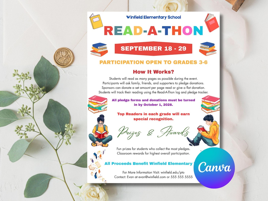 Read-a-thon Flyer Template: School Fundraiser, Editable Canva Design ...