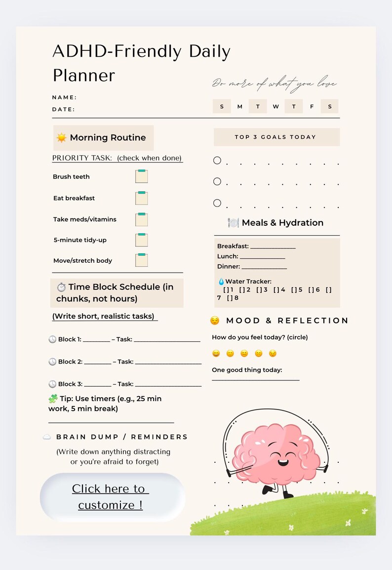 Adhd-friendly Daily Planner – Printable and Editable PDF | Time ...