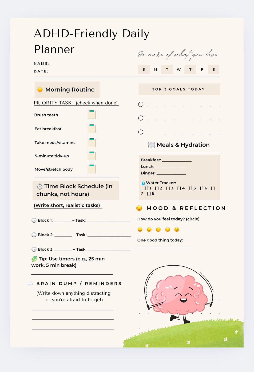 Adhd-friendly Daily Planner – Printable and Editable PDF | Time ...