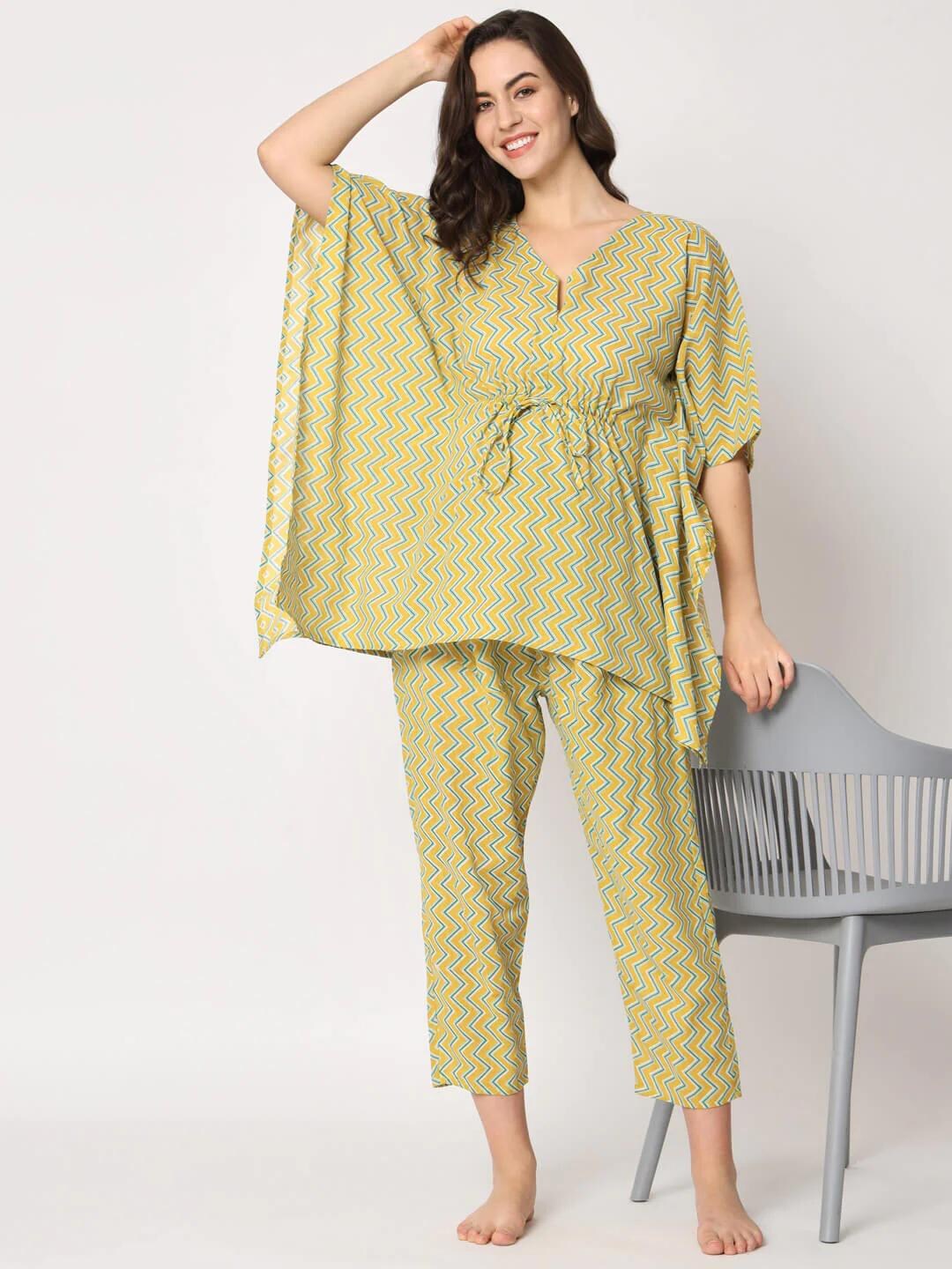 Women's Zig Zag Print Cotton Kaftan With Trousers Full Pyjamas Sets for ...