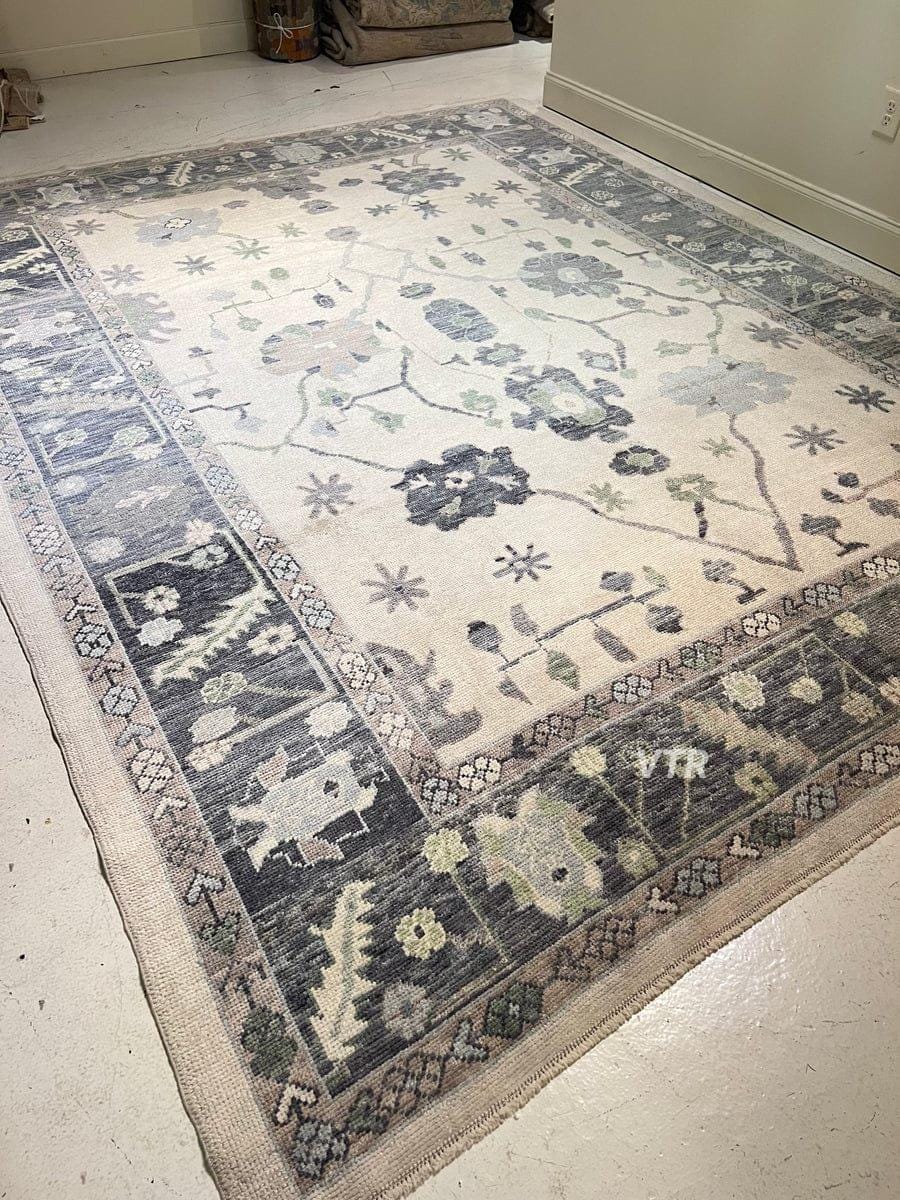 Antique Muted Beige Rug With Black Border, 9x12 Turkish Oushak Rug ...