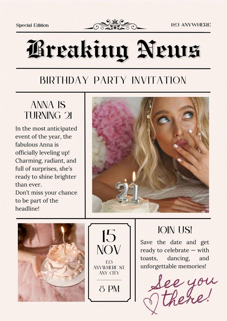 Funny Newspaper Birthday Invitation: Editable Canva Template (digital ...