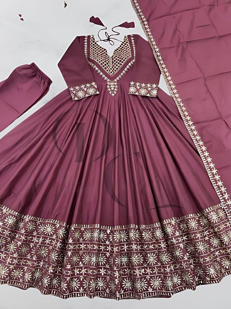 Wine Gown for Haldi Function Simmer Silk Gown Embroidered Anarkali Gown ...