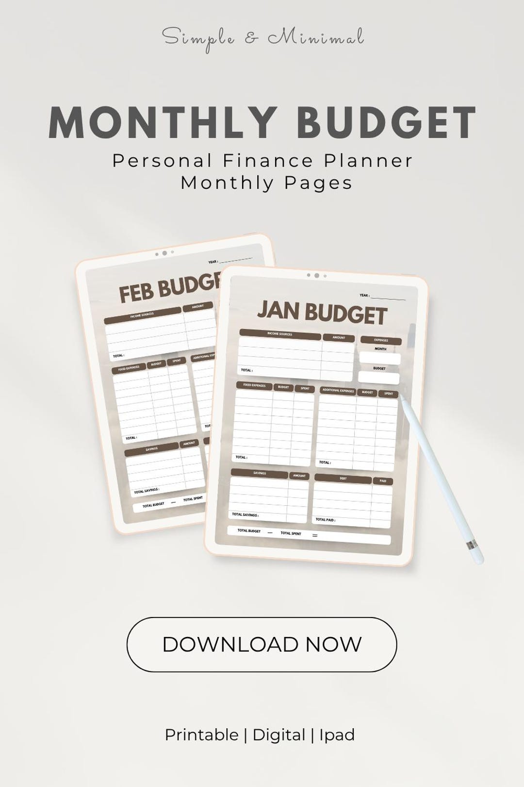 Simple Minimalist Monthly Budget Planner, Digital & Printable Finance ...