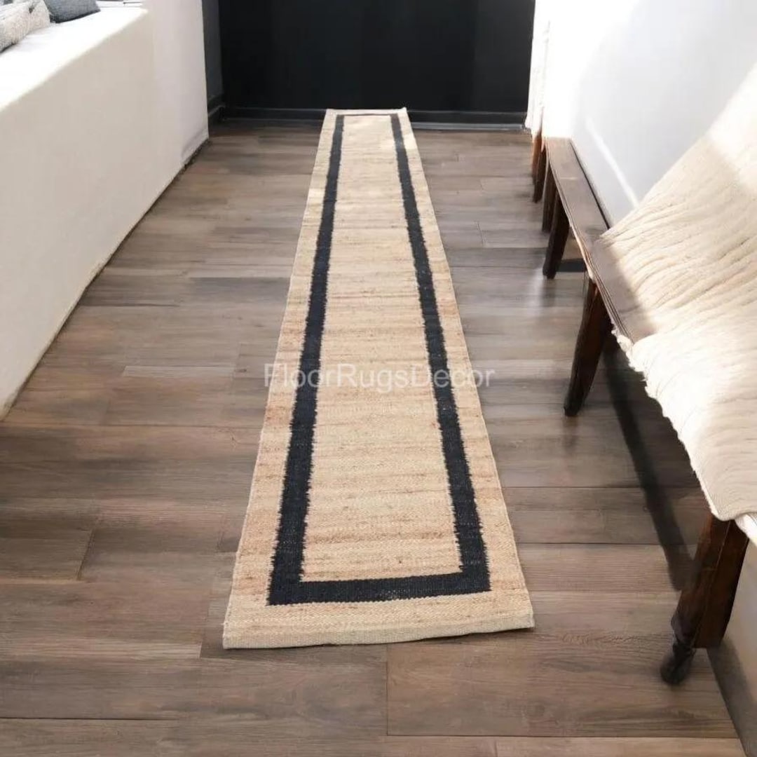 Handmade Jute Runner Rug | Black Border, Natural Fiber - Etsy