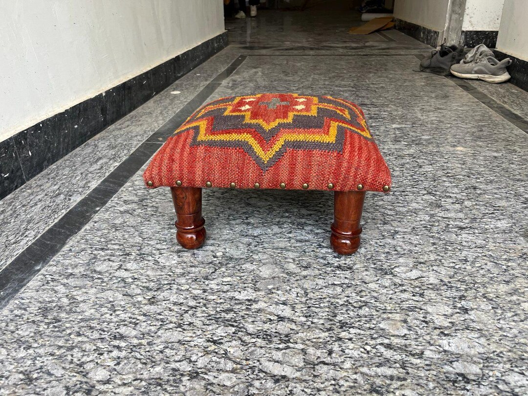 Handmade Wool Upholstery Colorful Kilim Footstool, Vintage Style ...