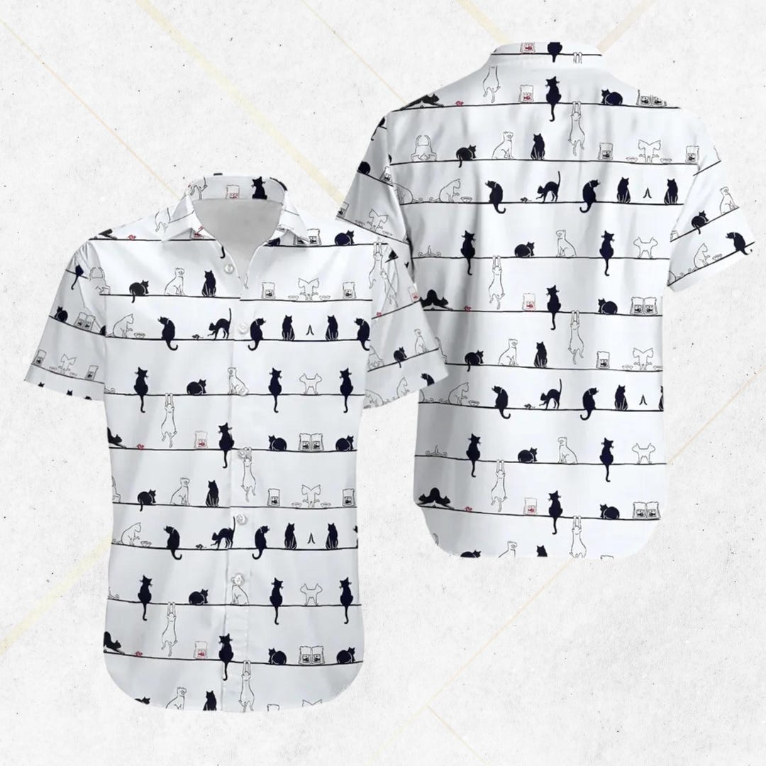 Minimal Cat Line Art Button up Shirt, Black White Feline Pattern ...