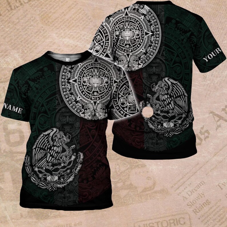 Custom Name Mexican Flag Aztec Calendar 3D T-shirt – Eagle Emblem ...