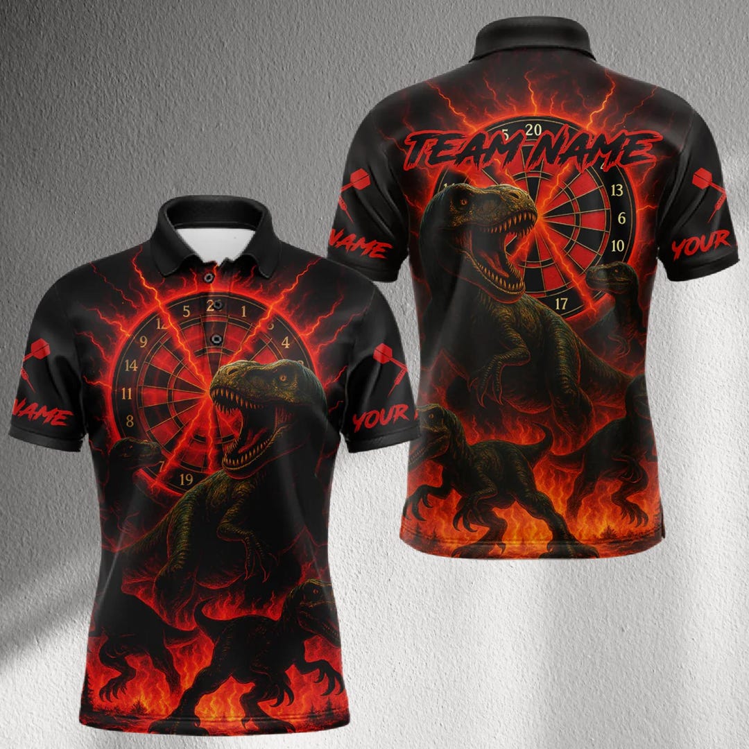 Custom Darts Team Polo Shirt, Fiery T Rex Dinosaur Dartboard Jersey ...