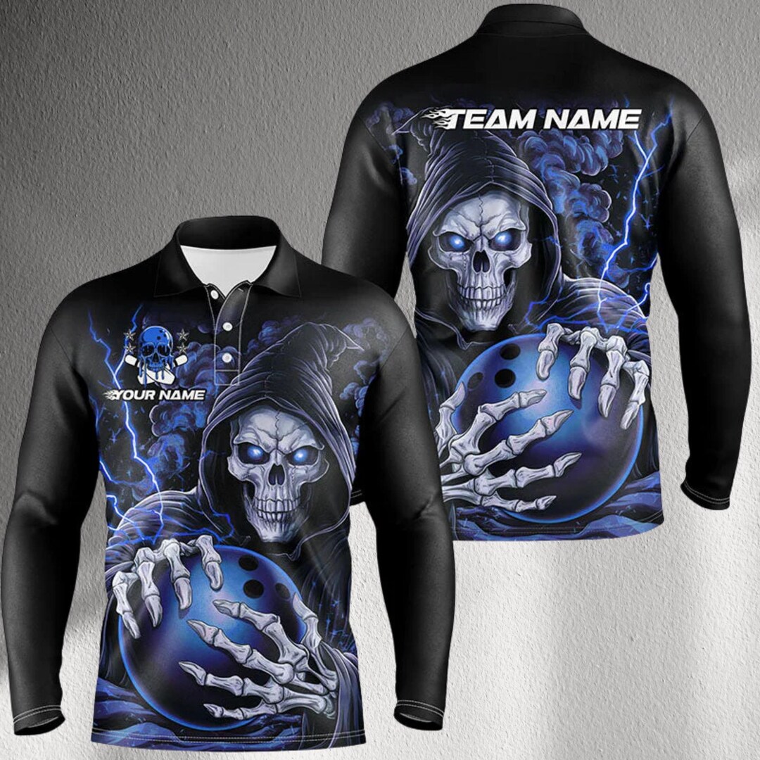 Personalized Grim Reaper Bowling Jersey Long Sleeve Polo, Black Blue ...