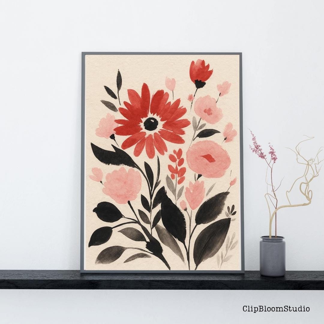 Japanese Ink Flower Print | Modern Botanical Wall Art | Spring Flower ...