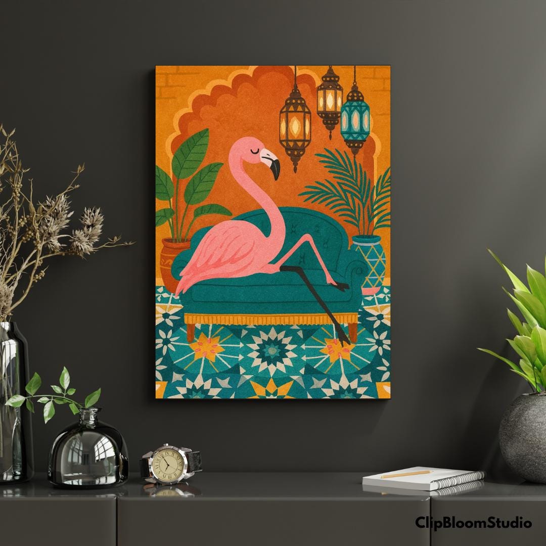 Boho Flamingo Wall Art Print | Moroccan Decor Printable | Colorful ...
