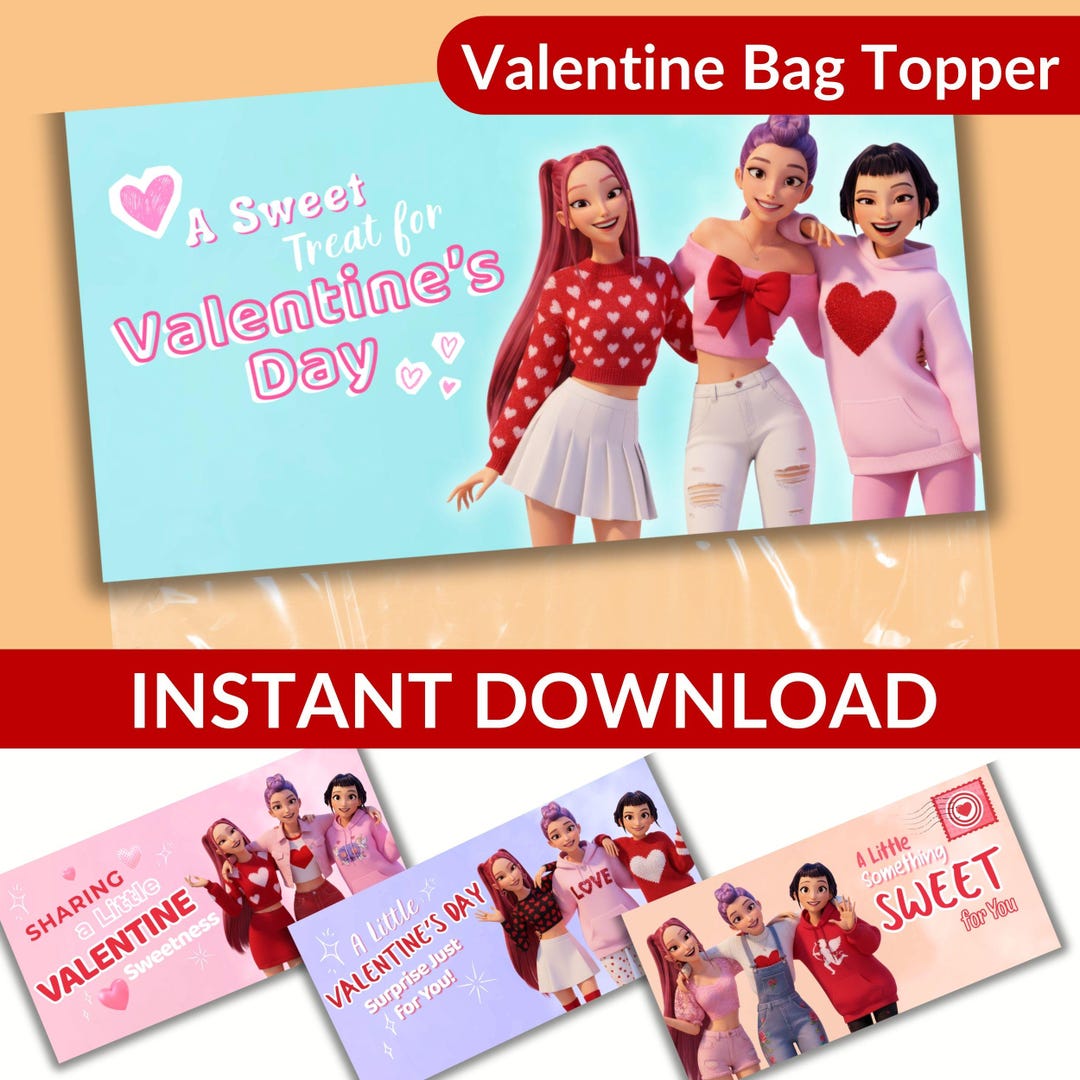 Valentine Bag Topper Set (4 Pack) Printable | Huntrix Classroom Treat ...