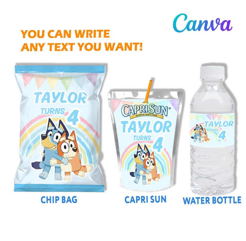 Blue Dog Birthday Party Bundle, Editable Labels (CANVA) - Etsy