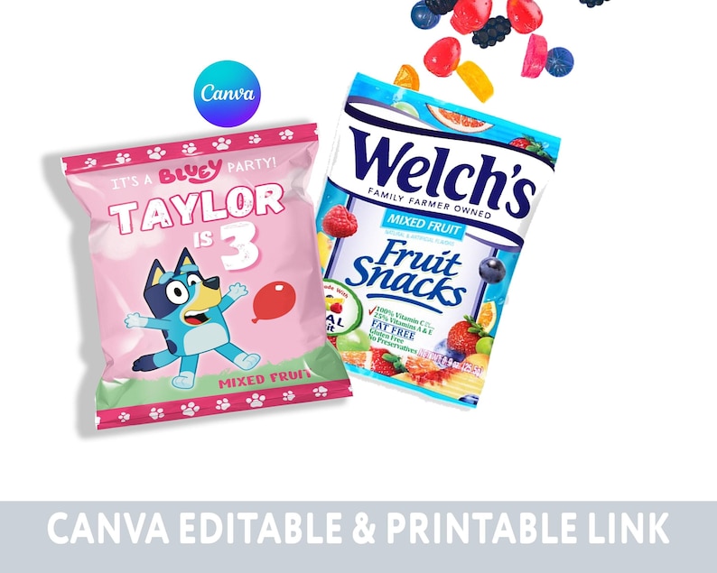 Blue Birthday Fruit Snacks Bag Label Template, Pink or Blue (canva ...