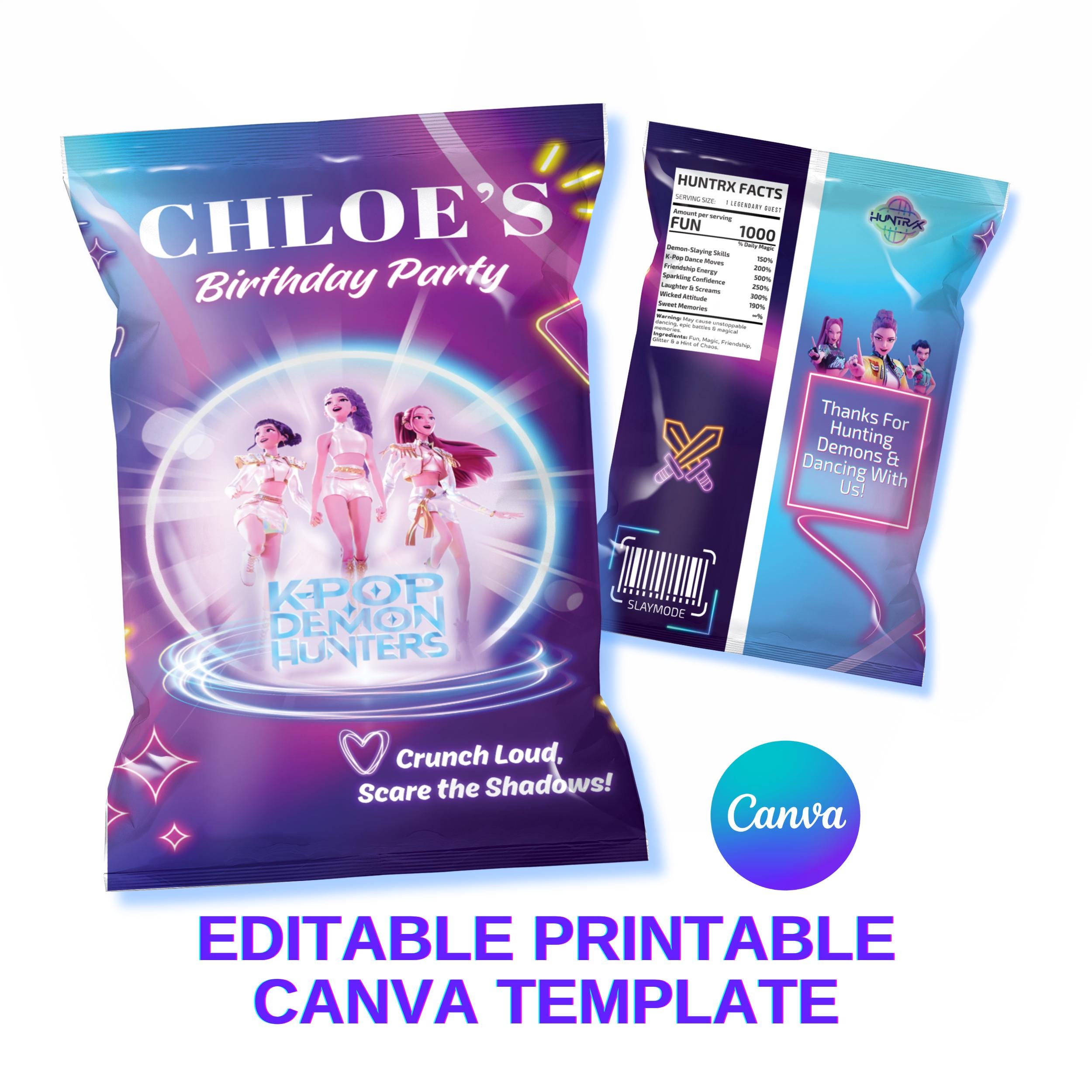 Editable Kpop Demon Hunter Chip Bag Label Template Birthday Party ...