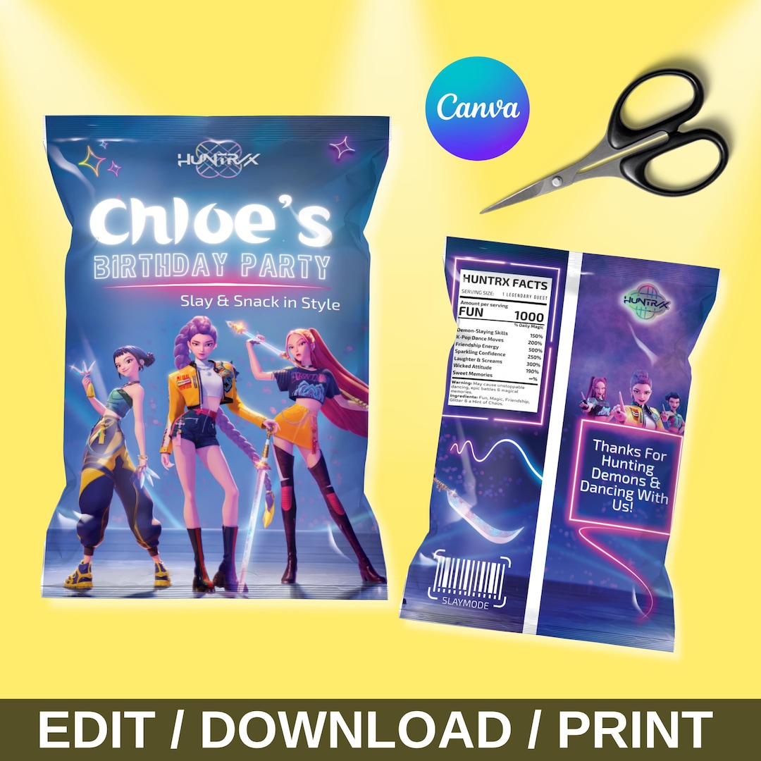Editable Kpop Demon Hunter Chip Bag Label Template Birthday Party ...