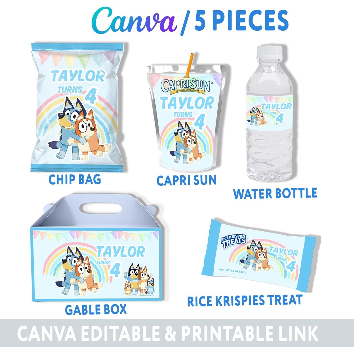 Blue Dog Birthday Party Bundle, Editable Labels (CANVA) - Etsy