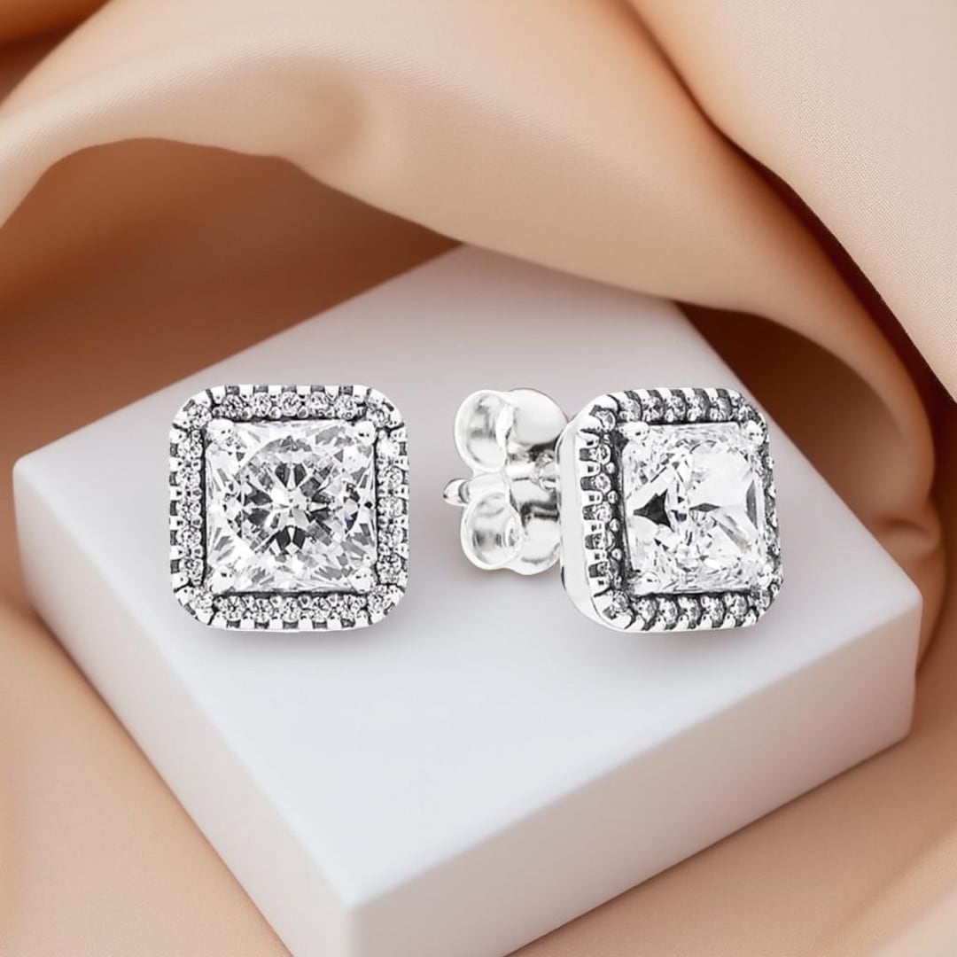 Silver Square Halo Stud Earrings, Sterling Silver Square Stud Earrings ...