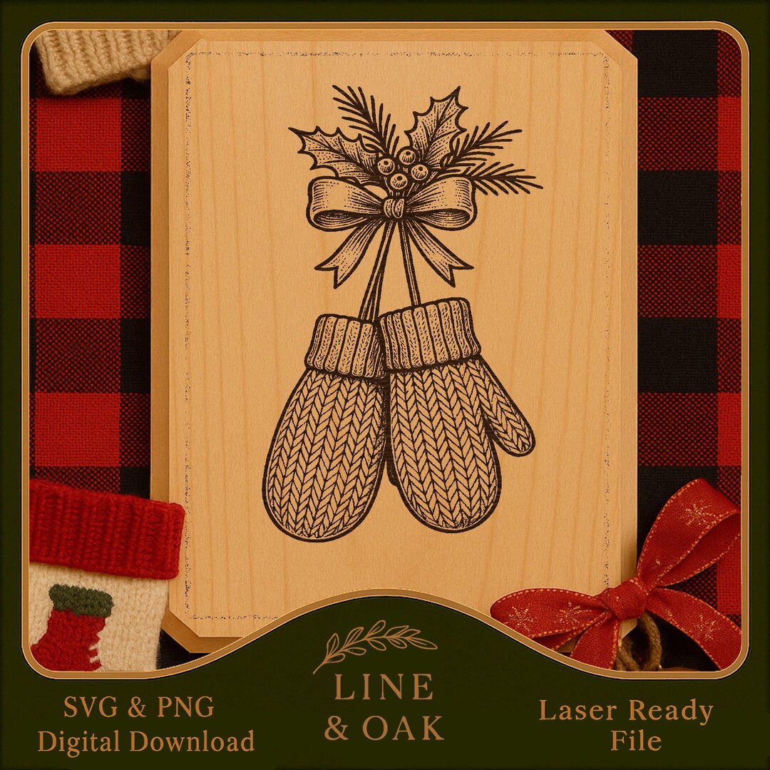 Vintage Christmas Mittens SVG | Nostalgic Knit Mittens With Bow Pine ...