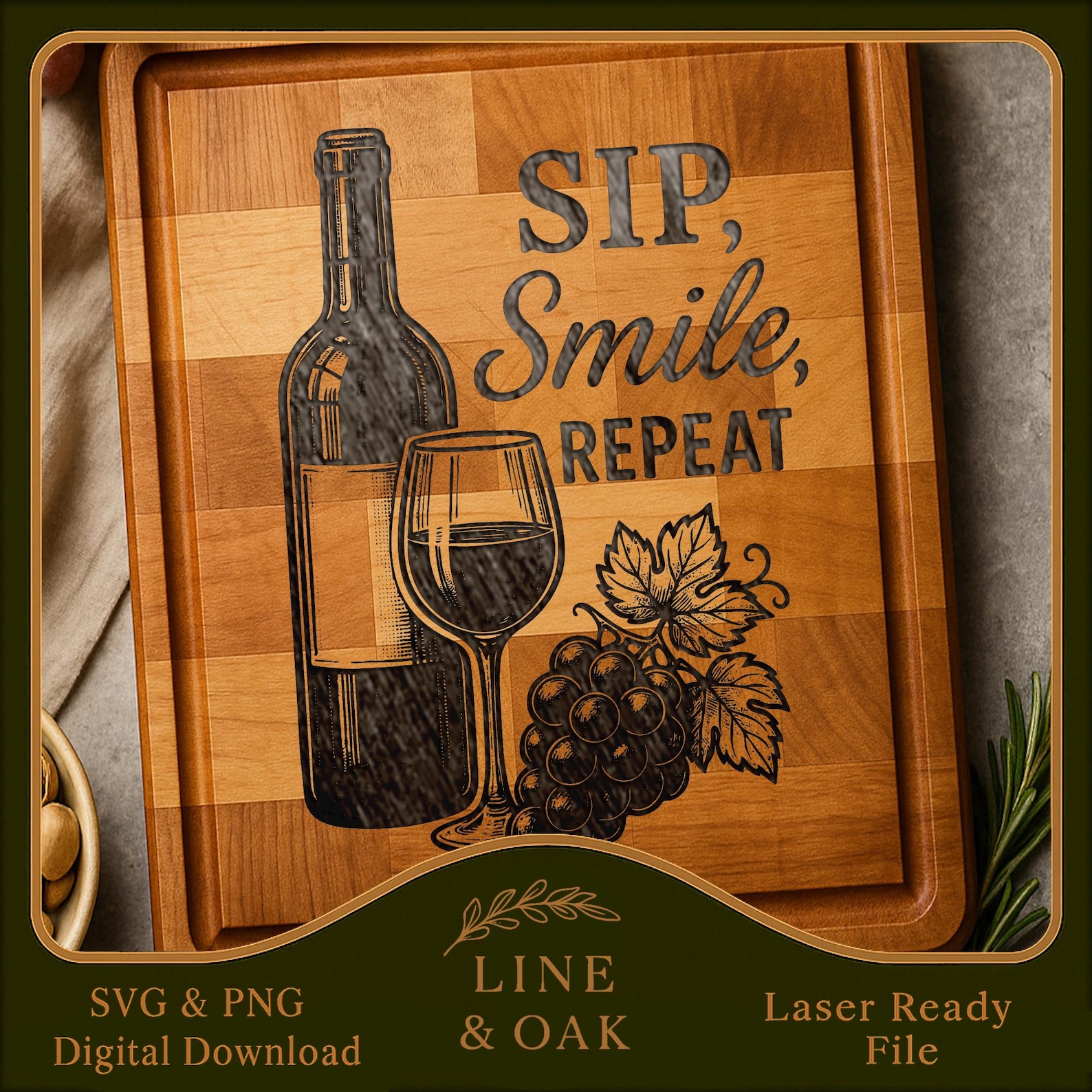 Sip Smile Repeat Wine Charcuterie Board SVG: Laser Engraving File ...